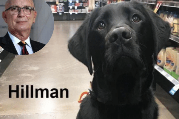 Boned: John Quigley shows mental health dog Hillman the door